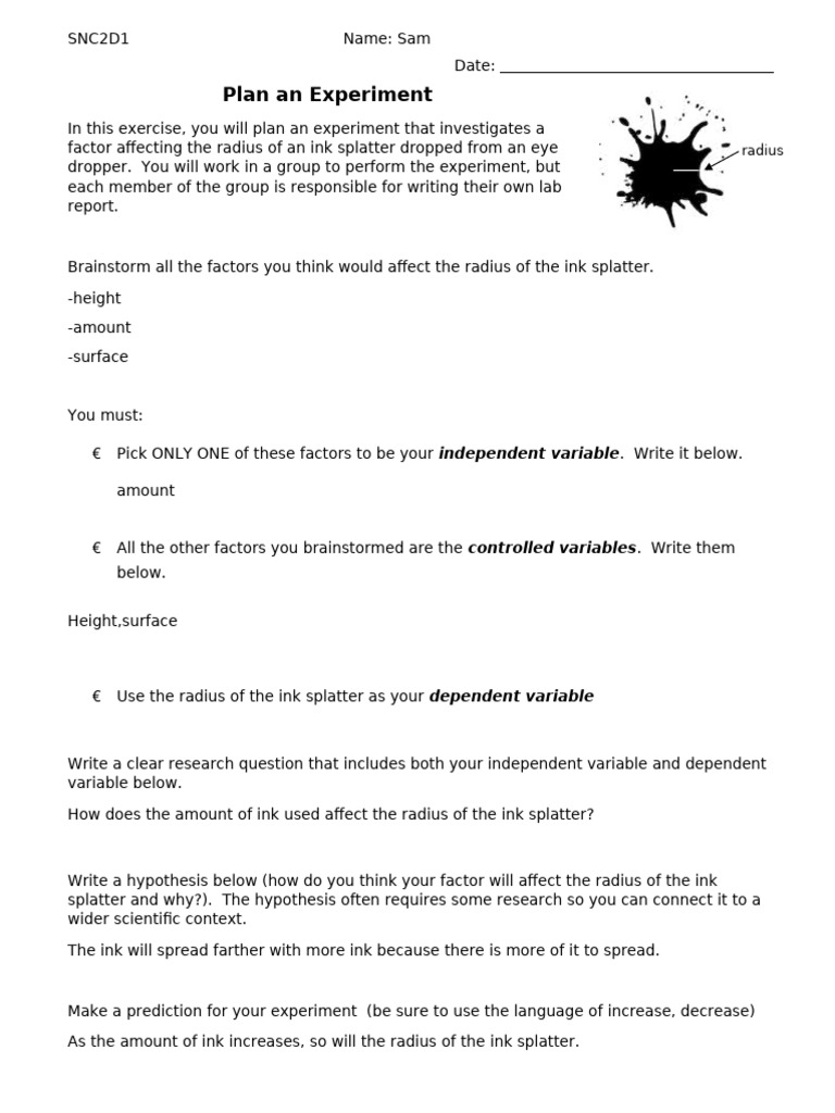 Sam - 04 - SNC2D1 - Plan an Experiment - Ink Splatter (01-25) | PDF | Experiment | Data Analysis