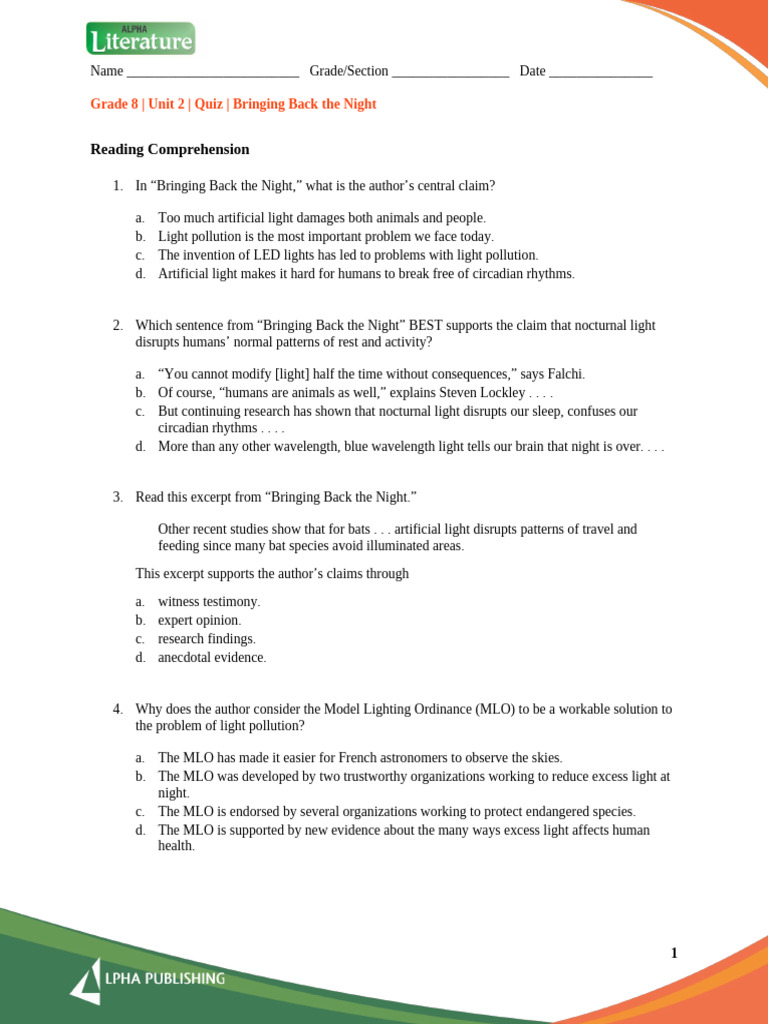Grade 8 Unit 2 Quiz Week 1 Student | PDF | Lighting