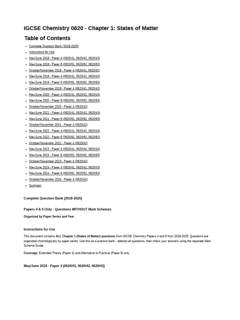 IGCSE Chemistry Ch1 Question Bank 2018 2025 | PDF | Gases | Liquids