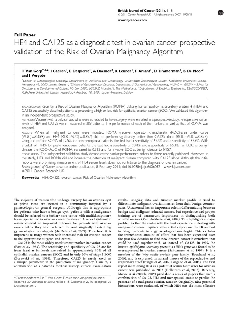 HE4 and CA125 As A Diagnostic Test in Ovarian Cancer: Prospective ...