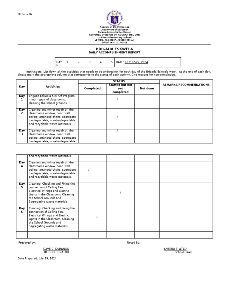 Be Form 6 Daily Accomplishment Report | PDF | Building Engineering