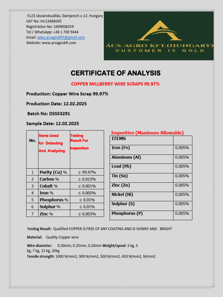 Copper Millberry Wire Scrap Analysis | PDF
