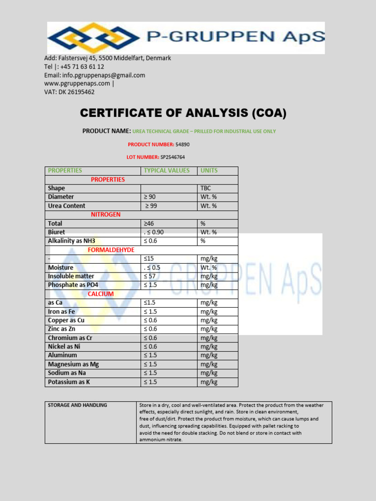 Urea Technical Grade COA Details | PDF