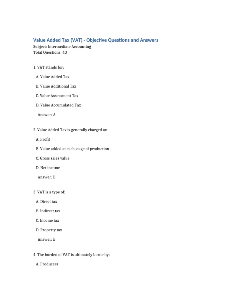 VAT Objective Questions and Answers | PDF | Value Added Tax | Debits And Credits