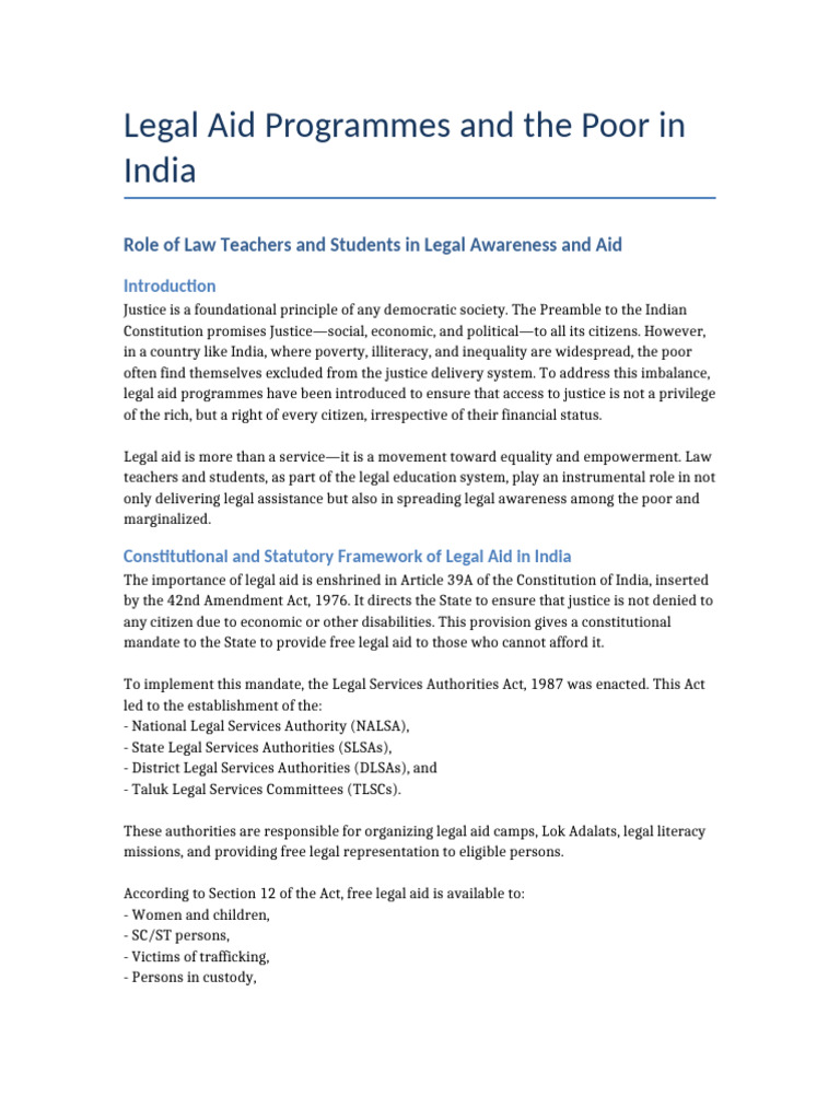 Legal Aid in India: Role of Law Educators | PDF | Legal Aid | Justice