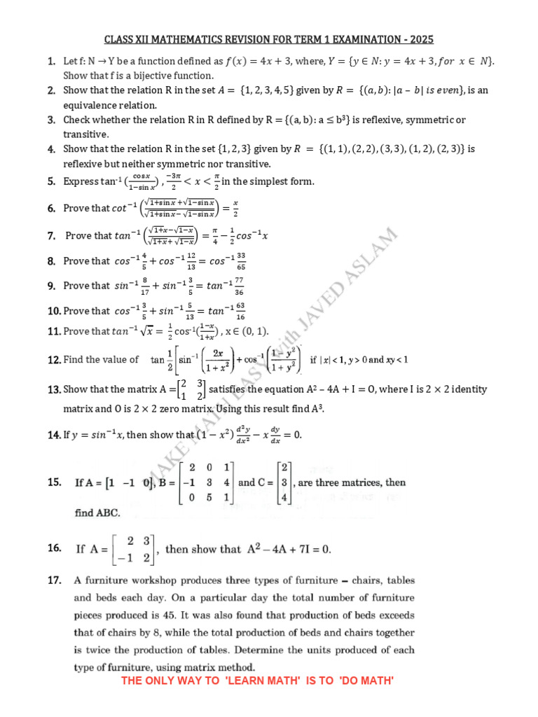 Class Xii Math -Revision for Term 1 2025 | PDF | Chess Theory | Chess
