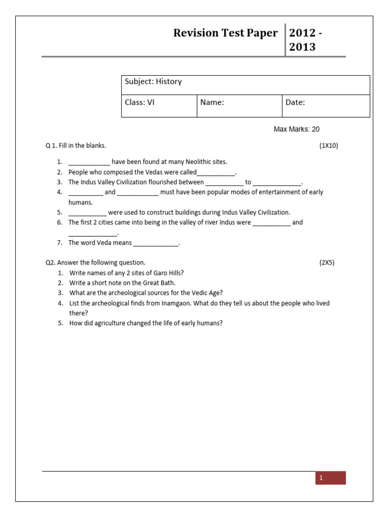 CBSE Class 6 History Practice Worksheets | PDF