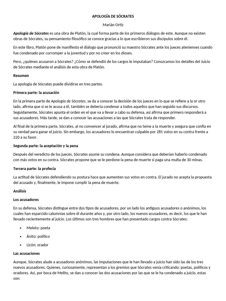 Análisis de la Apología de Sócrates | PDF | Disculpa (Platón) | Sócrates