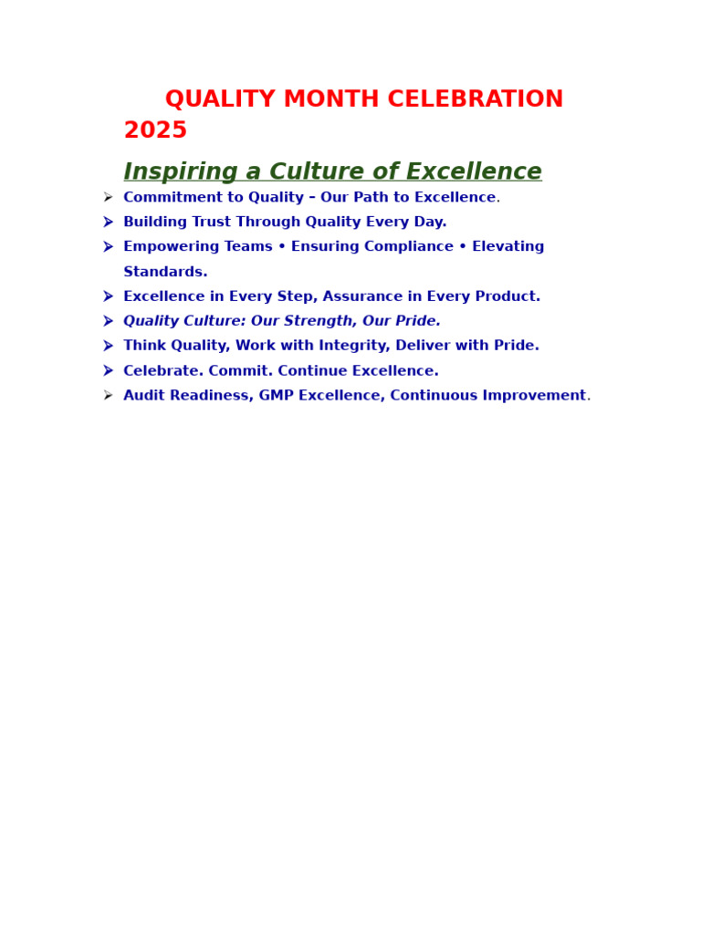Inspiring A Culture of Excellence: Quality Month Celebration 2025 | PDF
