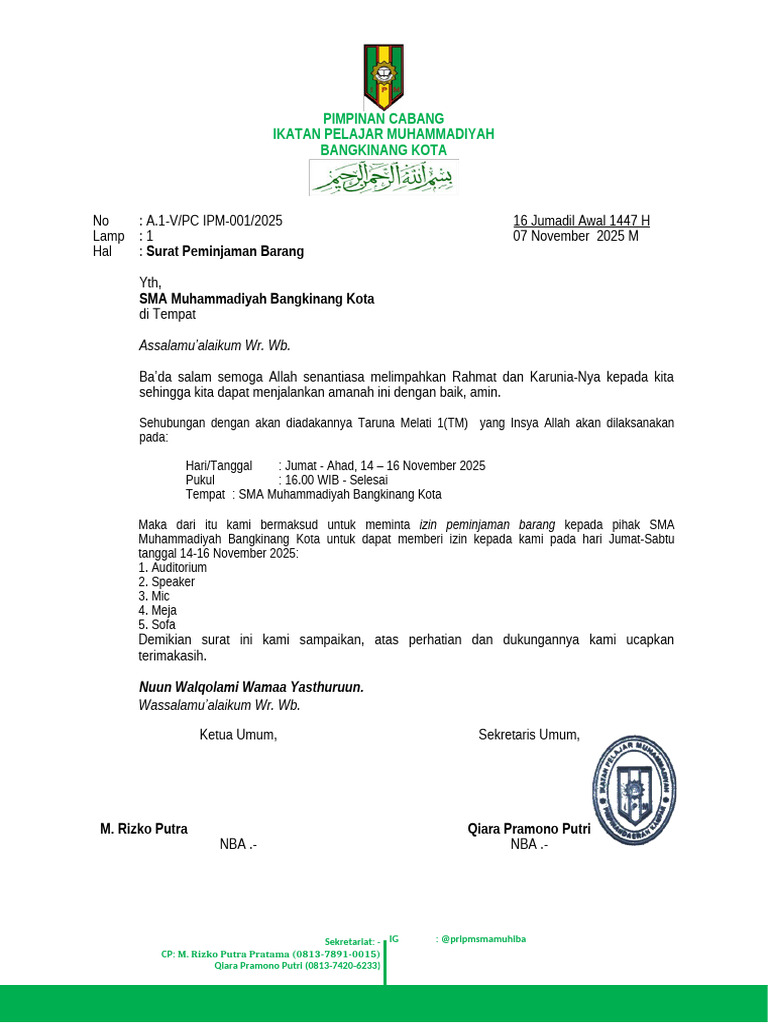 Surat Peminjaman Barang untuk TM 2025 | PDF