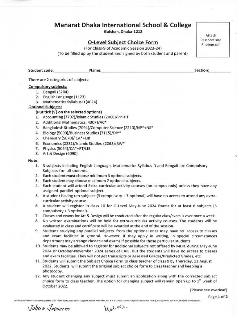 O Level Subject Choice Form (For Class 9) | PDF