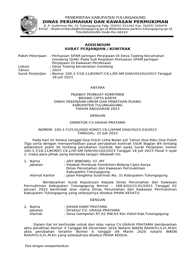 Addendum Kontrak Perluasan SPAM 2023 | PDF
