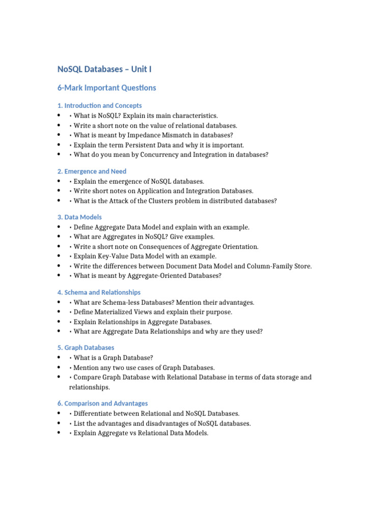 NoSQL Databases Unit I 6 Mark Questions | PDF
