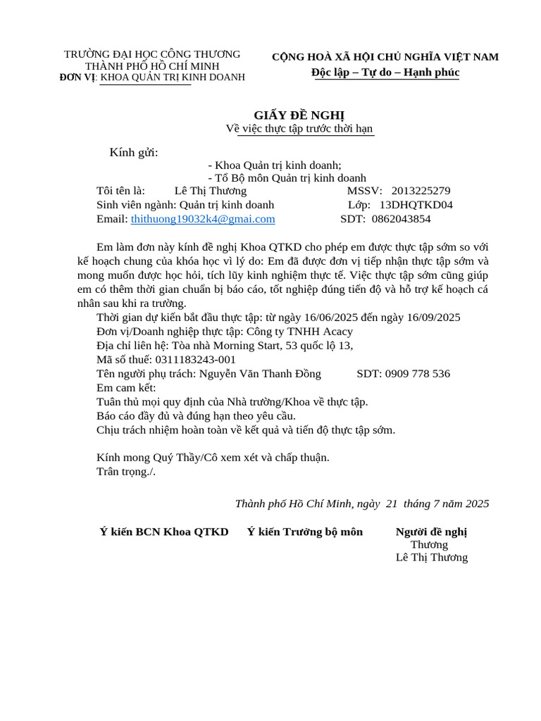 Khoa QTKD - Mẫu Đơn Đăng Ký Thực Tập Sớm | PDF