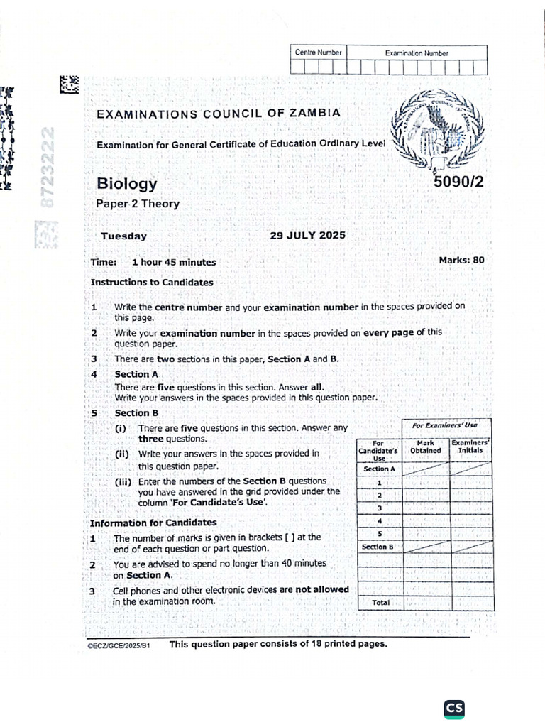 Biology 5090 p2 2025 Gce QP | PDF