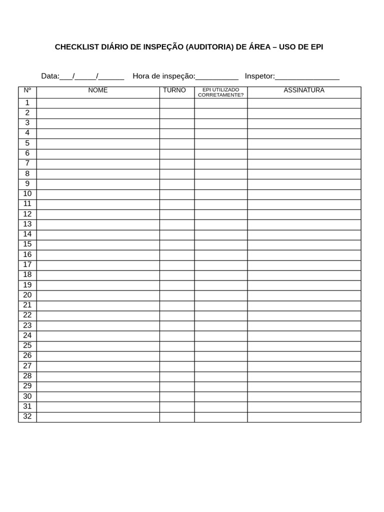 Checklist Diário de Inspeção de Uso de Epi | PDF