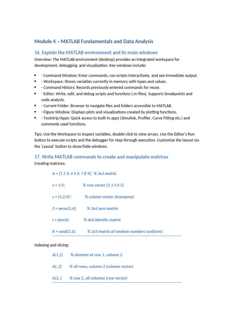 Module4 MATLAB Fundamentals and Data Analysis | PDF | Matrix (Mathematics) | Matlab