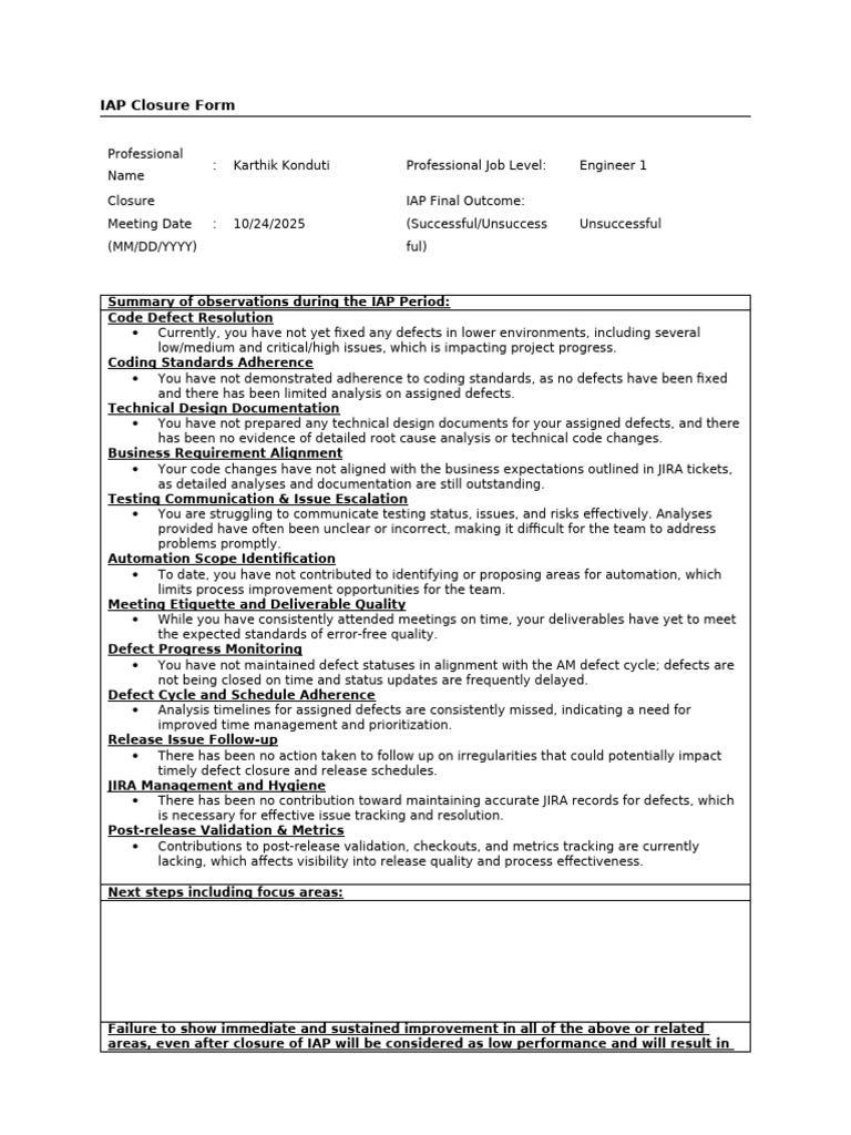 IAP Closure Review for Engineer 1 | PDF