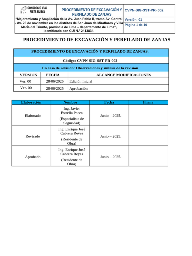 CVPN Sig SST PR 002 Procedimiento Excavaciones y Zanjas | PDF | Lima ...