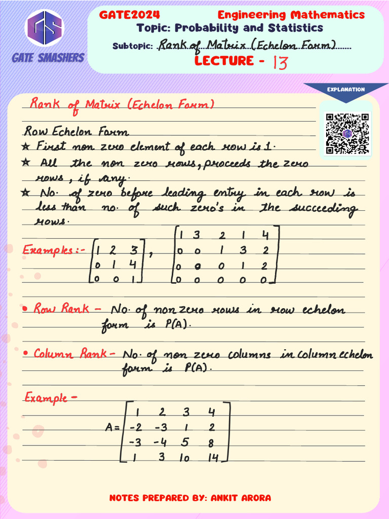 Lecture 13 Rank of Matrix (Echelon Form) - 240109 - 123610 | PDF