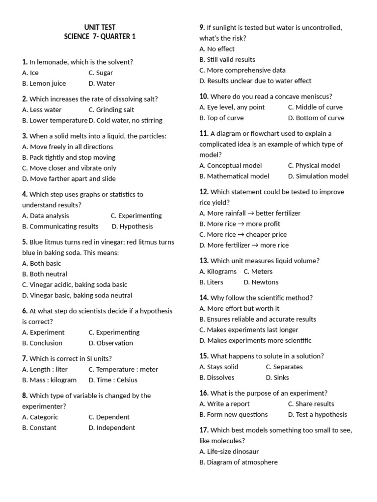 Science 7 Unit Test: Quarter 1 Review | PDF | Water | Experiment
