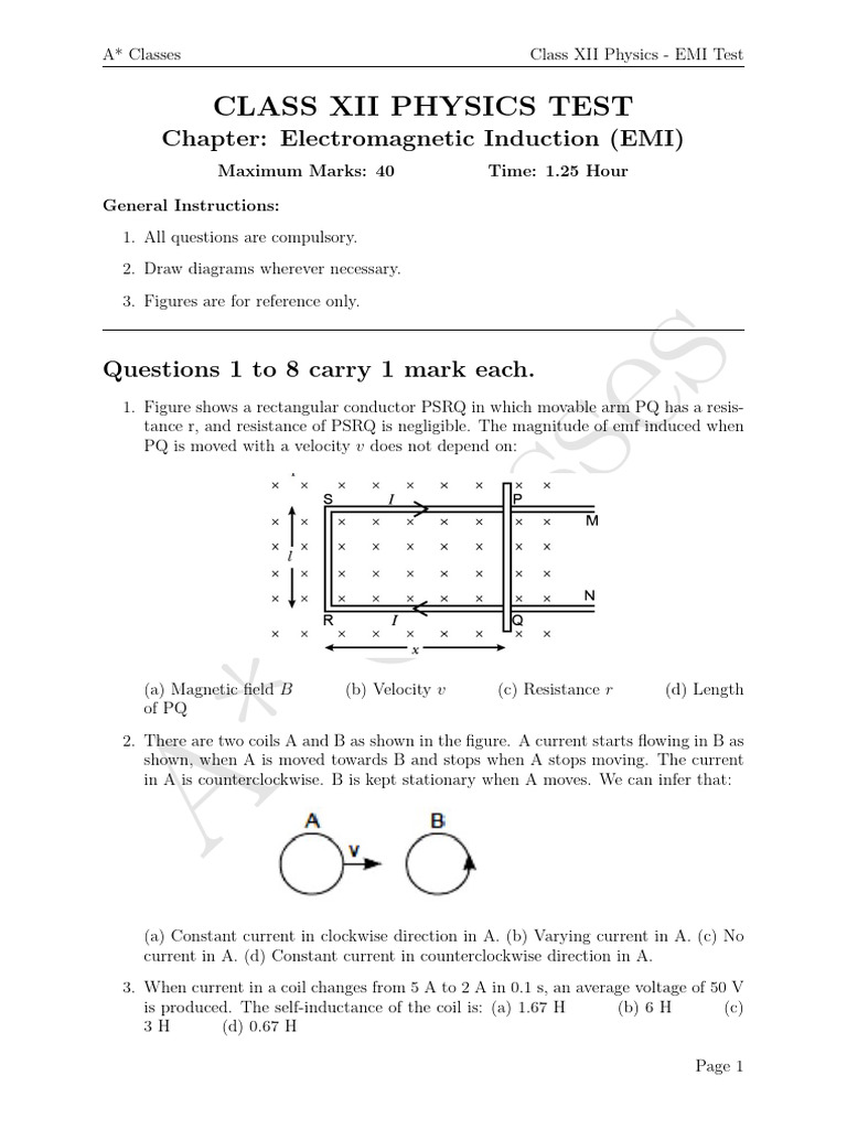 Class XII Physics EMI Test Questions | PDF | Inductance ...
