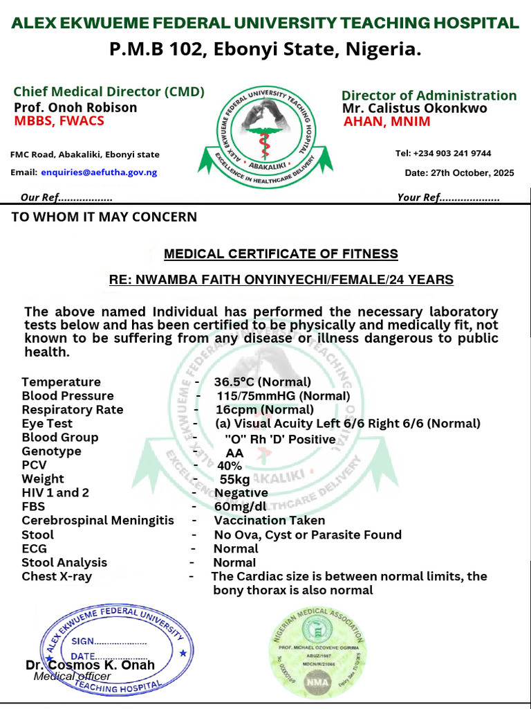 Nwamba Faith Onyinyechi Medical Fitness of Certificate | PDF | Visual ...