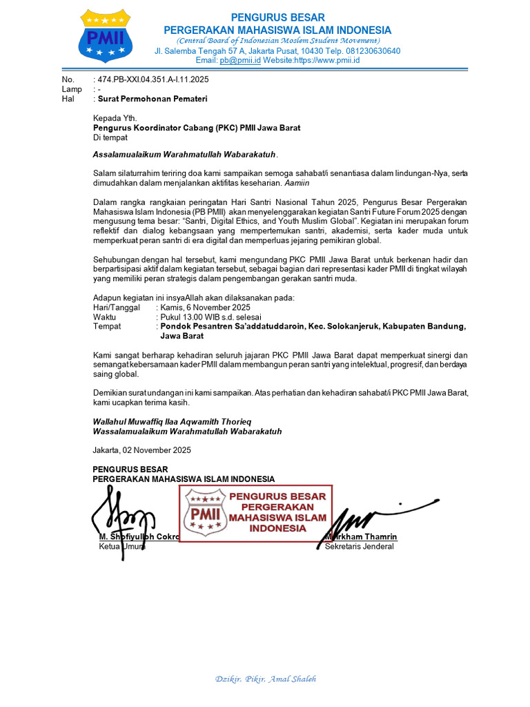 Undangan PKC PMII Jawa Barat 2025 | PDF