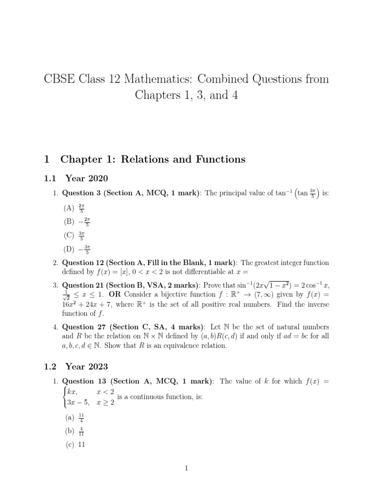 CBSE Class 12 Math Questions: Chapters 1-4 | PDF | Mathematical ...