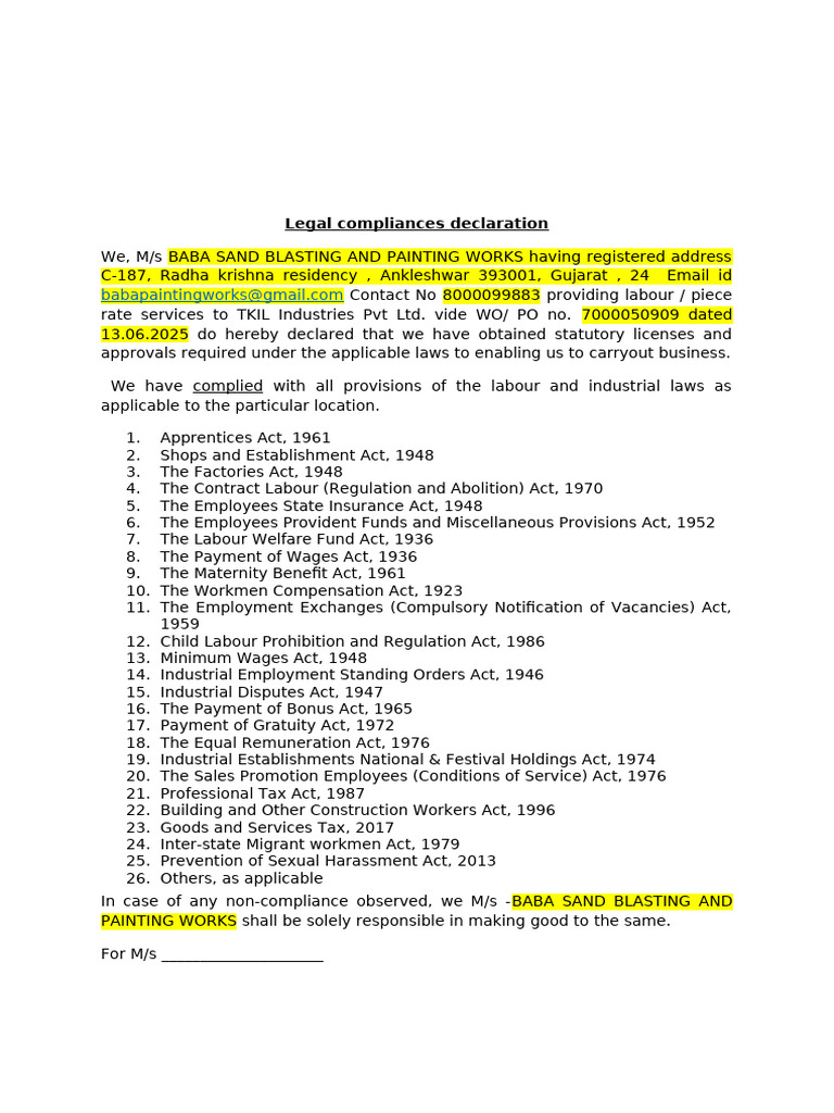 Legal Compliances Declaration | PDF