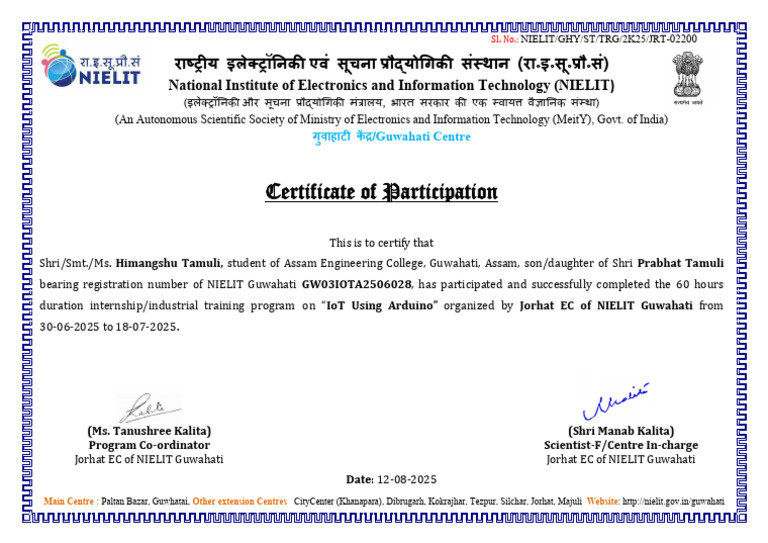 Certificate of Participation IOT Using Arduino 60 Hrs Final | PDF
