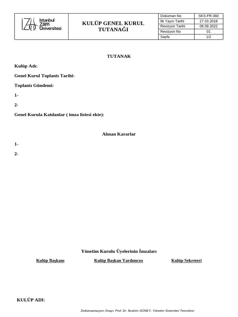 SKS-FR-360-Kulüp Genel Kurul Tutanağı - Rev | PDF