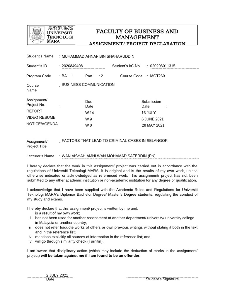 MGT269 Assignment Project Declaration Form | PDF