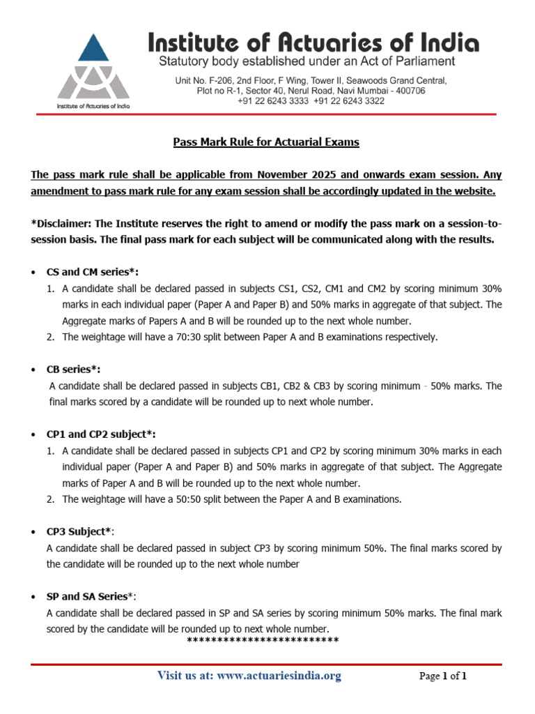 Pass Marks for Actuarial Exams | PDF