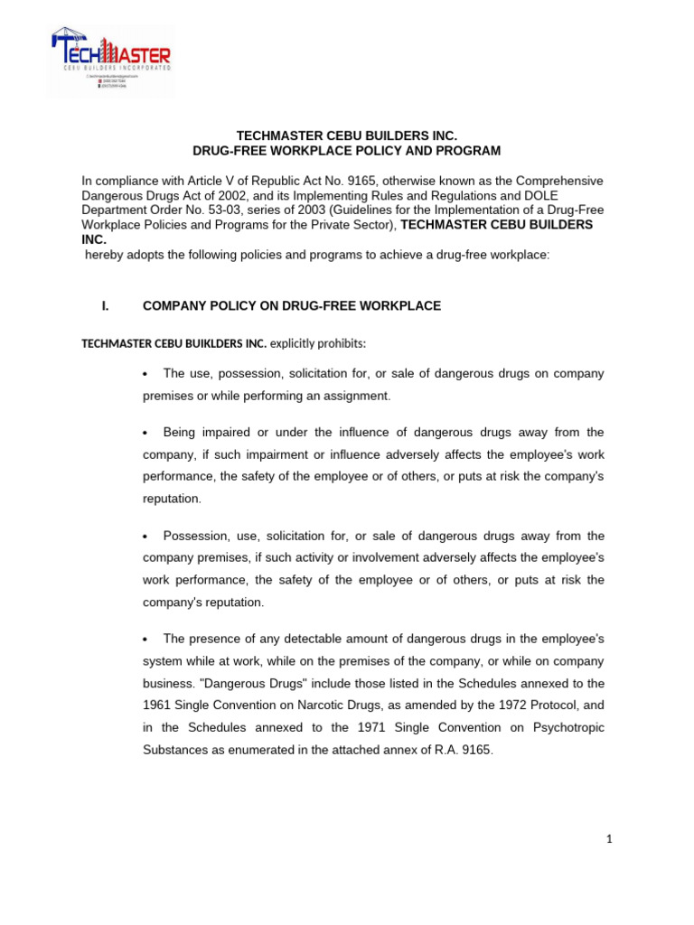 TECHMASTER - DRUG-FREE Workplace Policy & Program | PDF | Drug Test ...