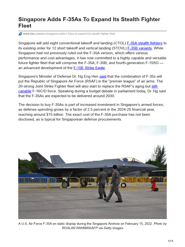 Singapore Adds F-35As To Expand Its Stealth Fighter Fleet | PDF ...