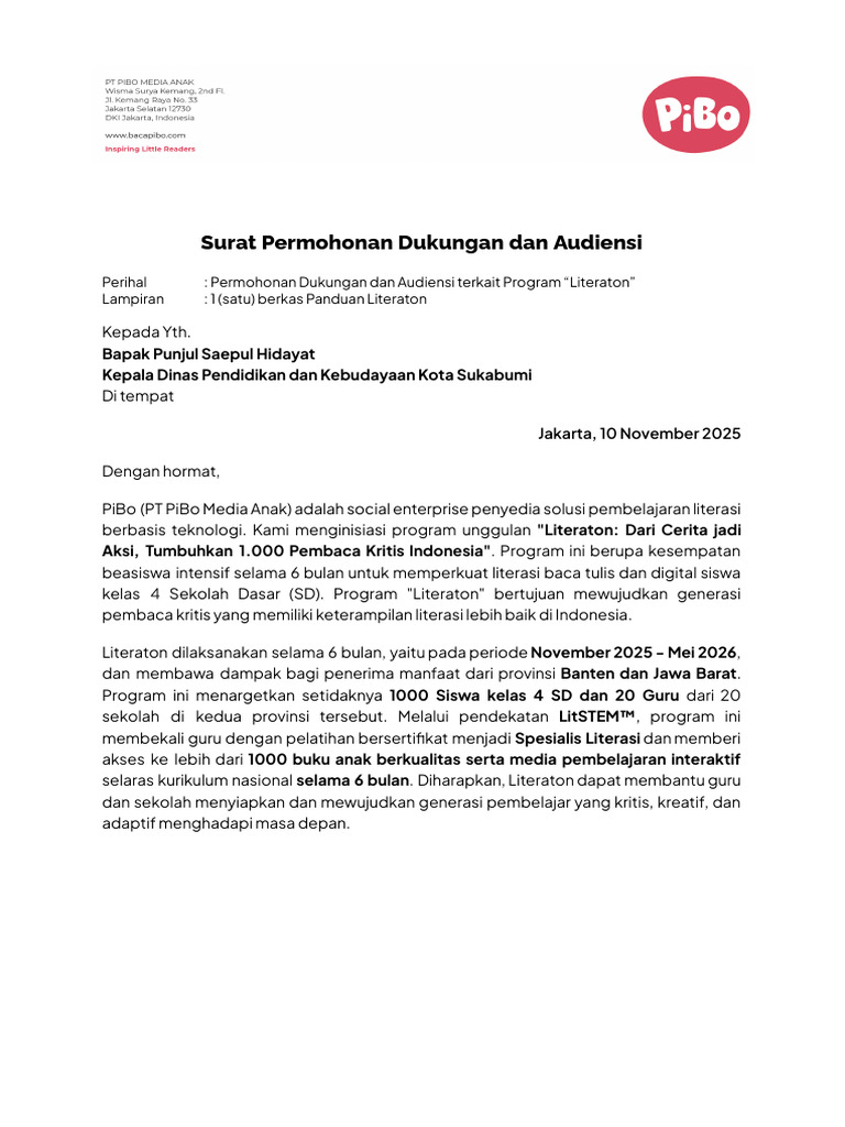 Permohonan Dukungan Program Literaton | PDF