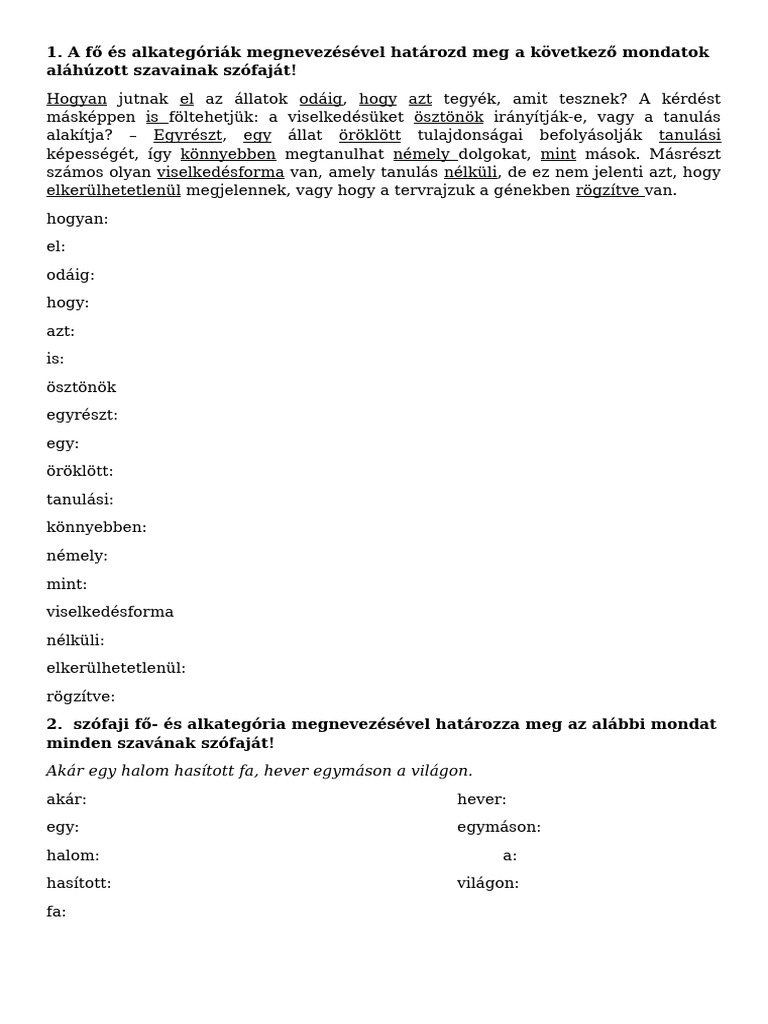 Szófajtan Gyak | PDF