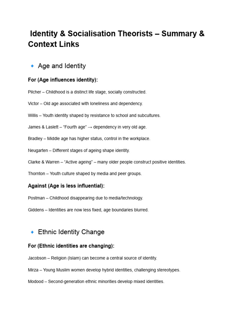 Identity & Socialisation Theorists - Summary & Context Links | PDF ...