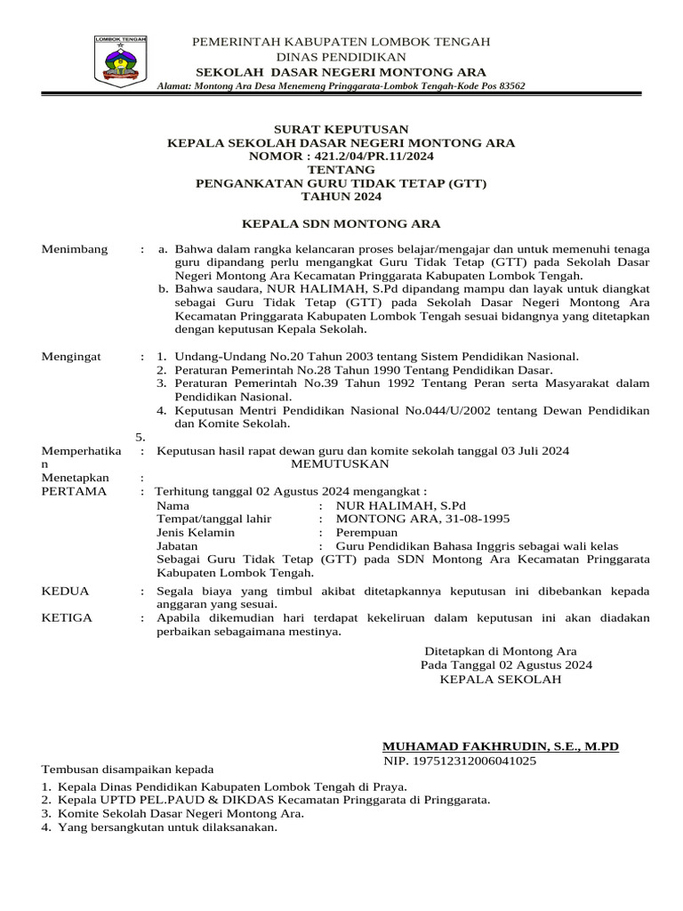 SK Nur Halimah Pengangkatan 2024 | PDF