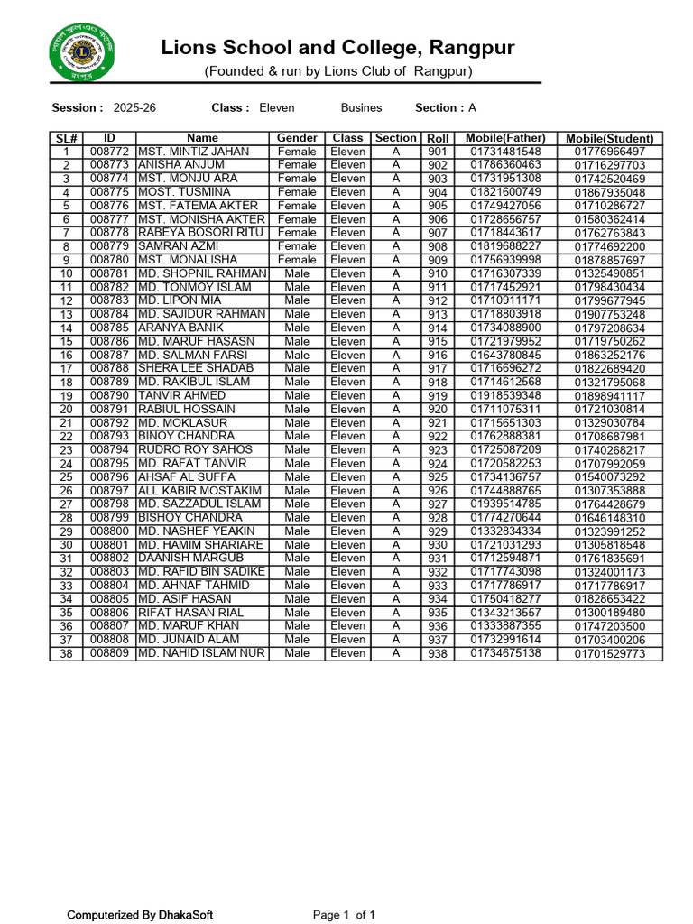 Lions School Class Eleven Student List | PDF