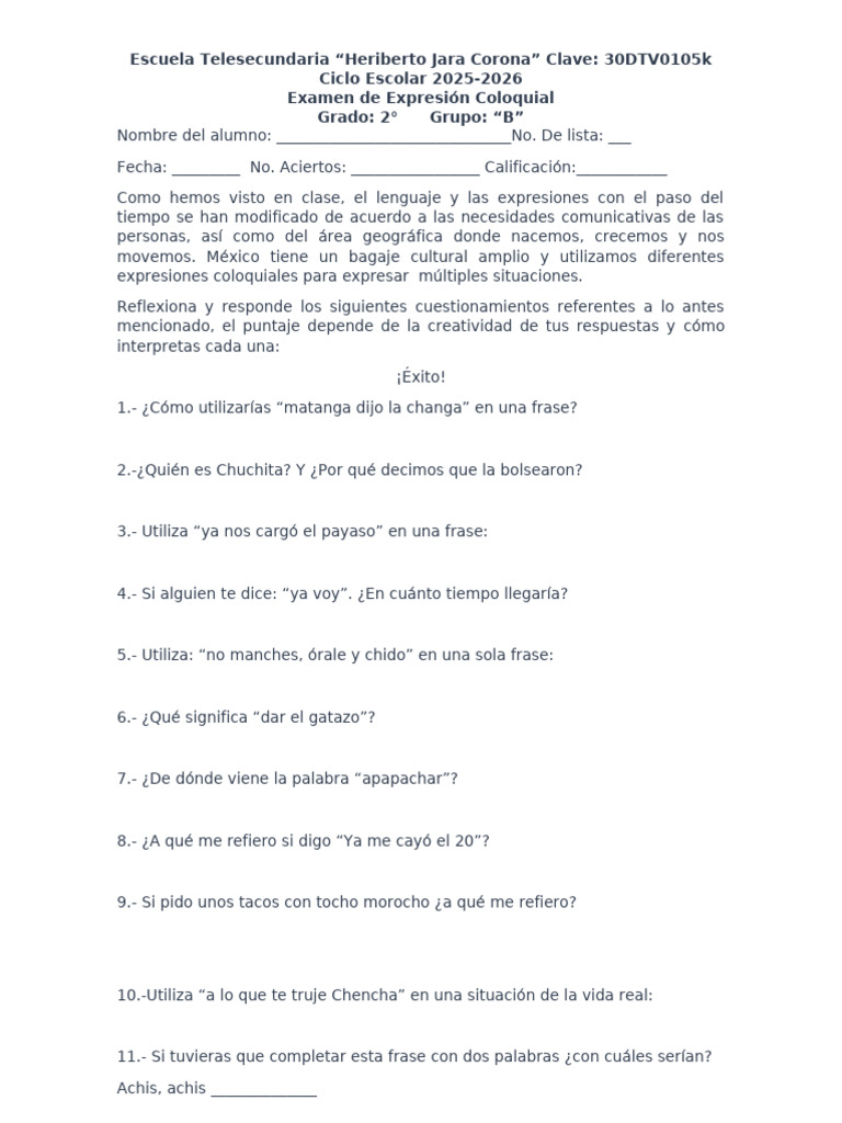 Examen de Expresión Coloquial | PDF