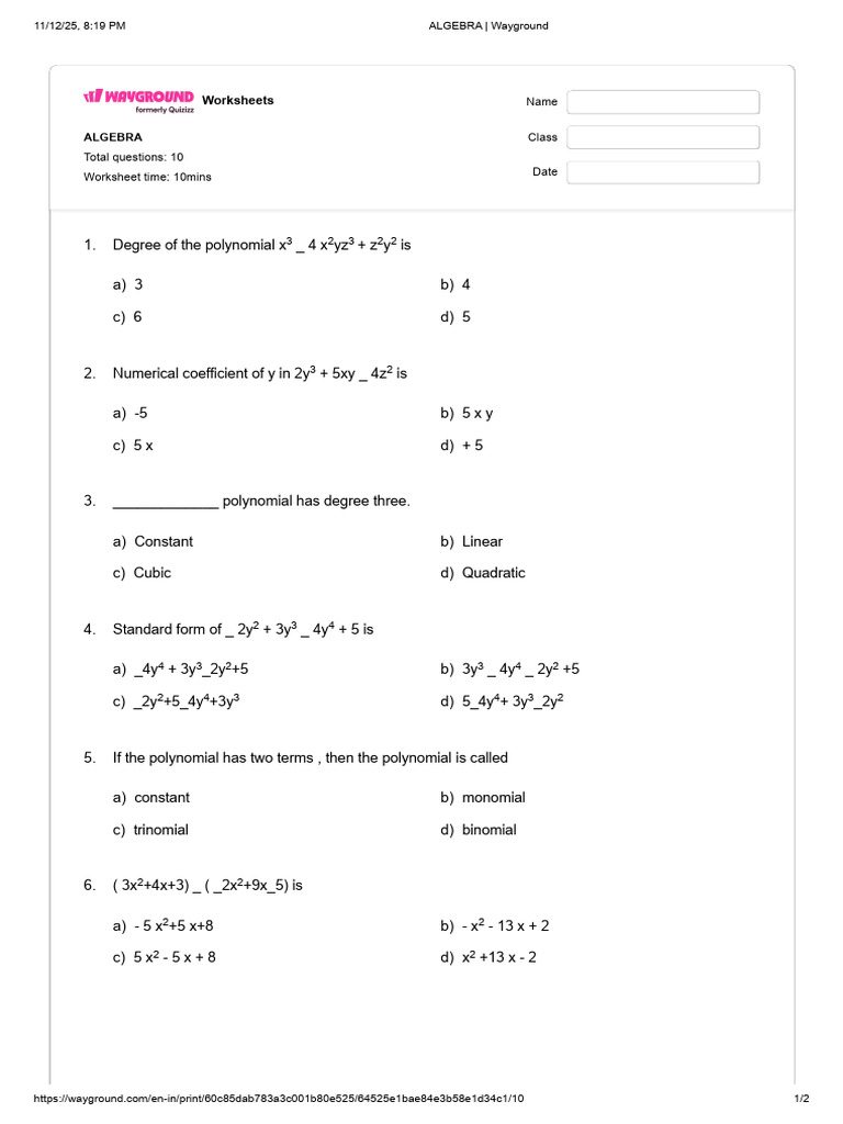 Quizizz - Algebra | PDF | Algebra | Algorithms
