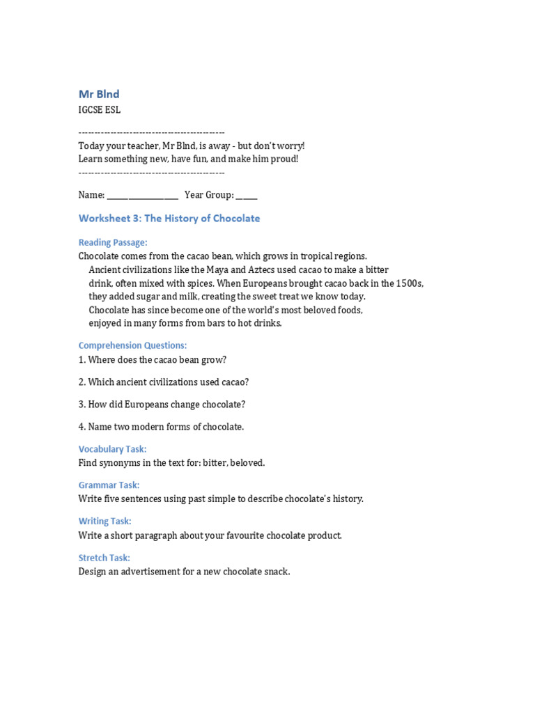 IGCSE ESL Worksheet: Chocolate History | PDF