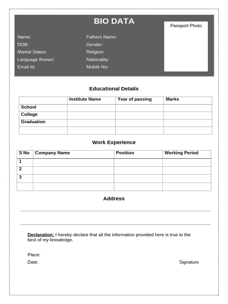 Comprehensive Bio Data Template | PDF