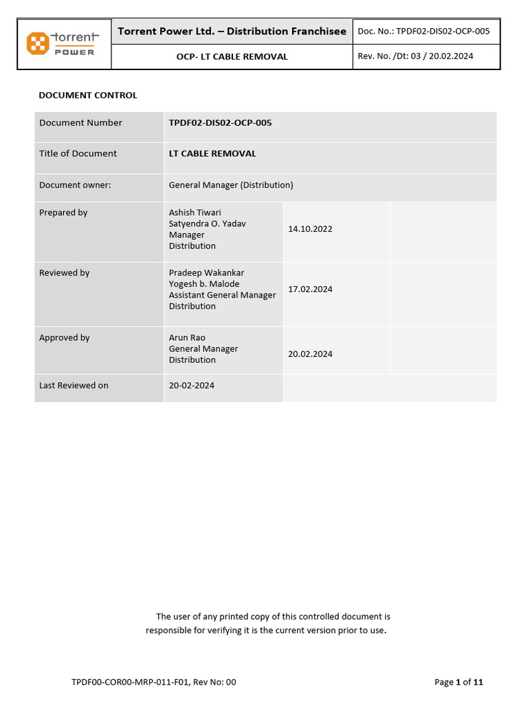 Tpdf02 Dis02 Ocp 005 - LT Cable Removal | PDF | Personal Protective ...