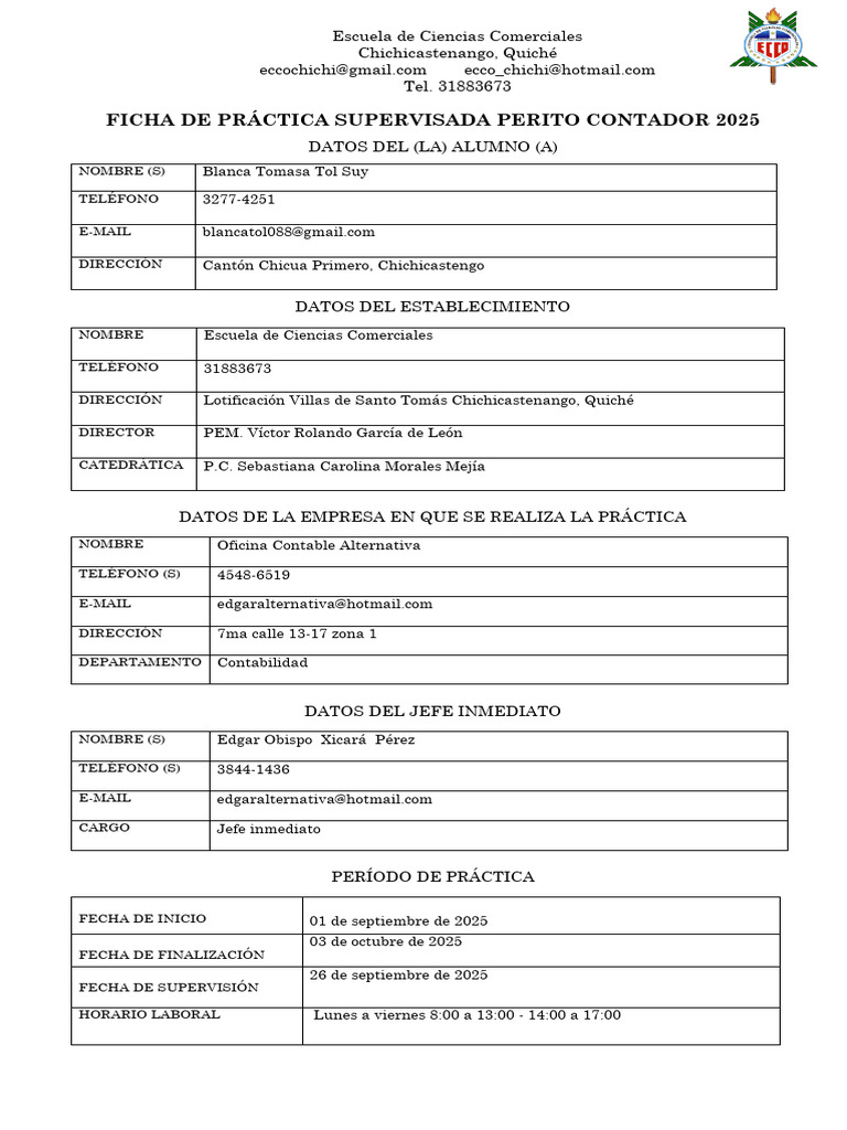 Ficha Practica Supervisada 2025 Blanca Tol | PDF | Contabilidad | Cheque
