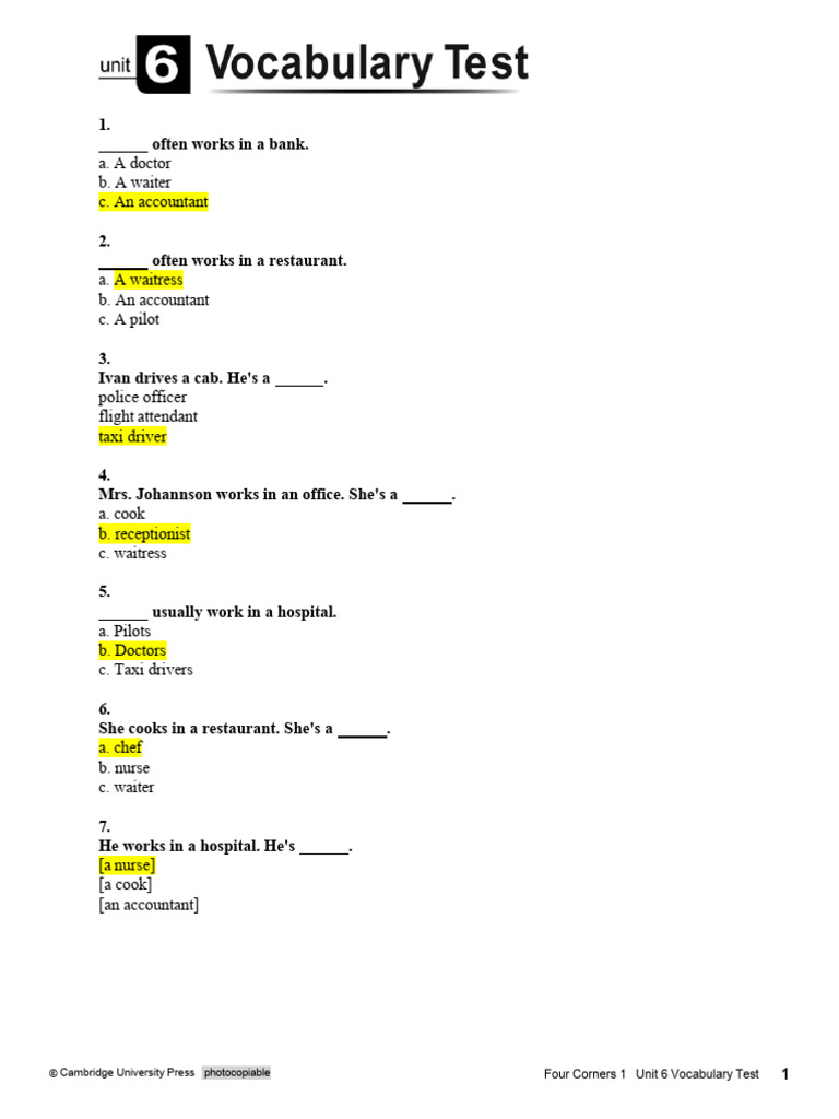 Four Corners 1 Unit 6 Vocabulary Test | PDF | Chess Openings | Chess