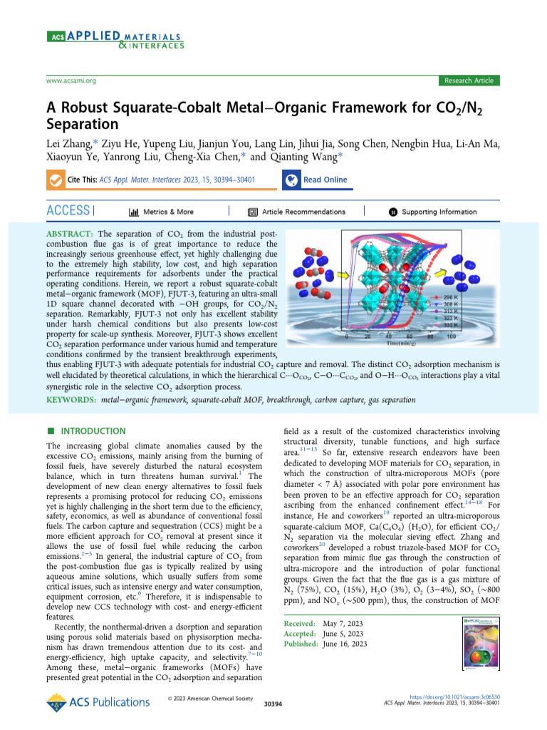 CO2/N2 Separation with Cobalt MOF FJUT-3 | PDF | Adsorption | Carbon ...