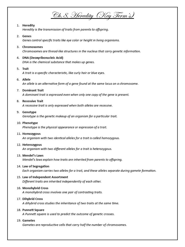 Ch.8, Heredity (Key Terms) | PDF | Genotype | Dominance (Genetics)